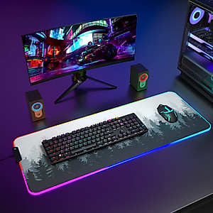 ITNRSIIET RGB Gaming Mouse Pad, Full Desk XL Extended Large Gaming Mousepad, 12 Lighting Modes 30% Thicker Big LED Desk Mat for Gamers, 32 x 12 inches, Ink Painting Misty Forest