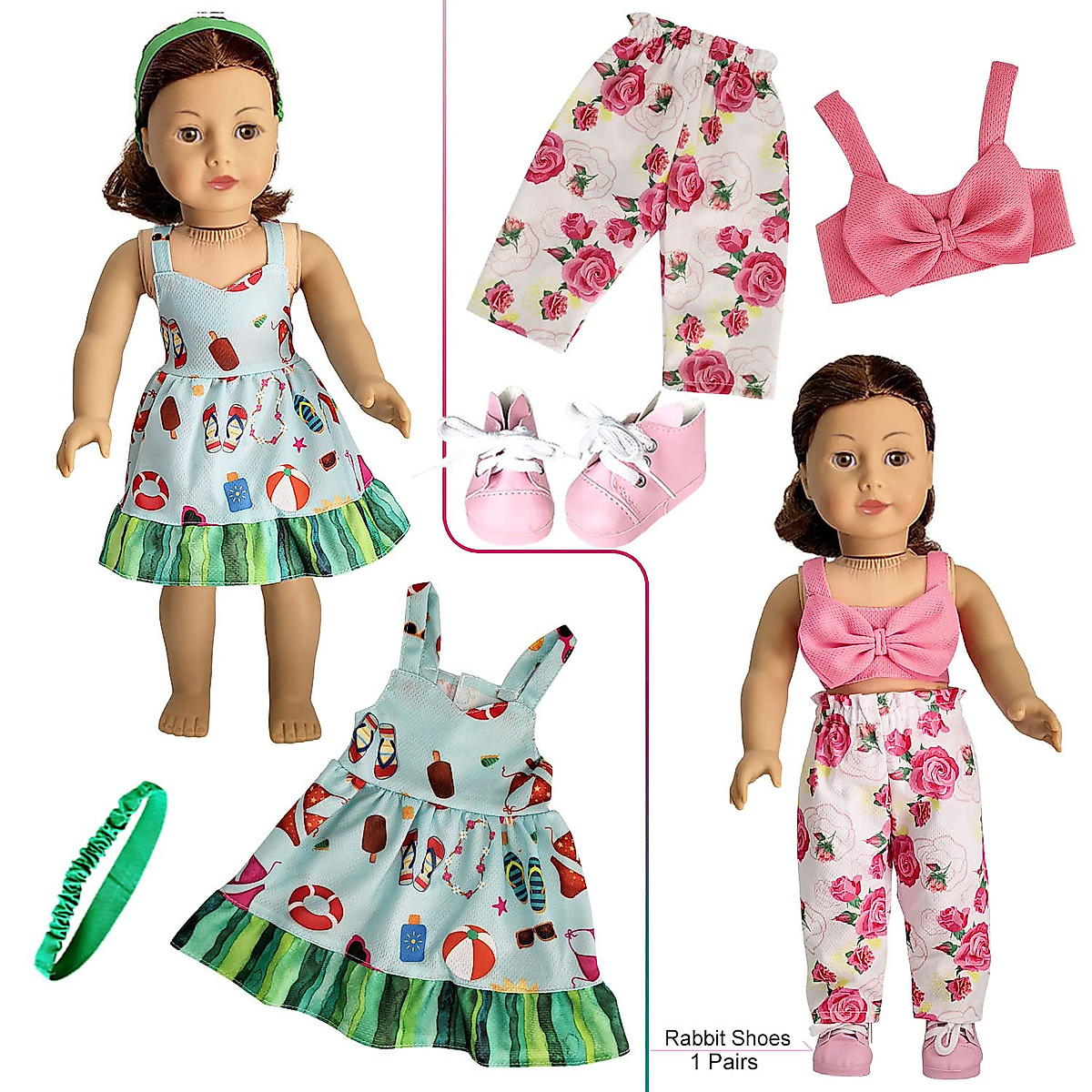 HOAKWA American Doll Clothes and Accessories for 18 Inch Doll, 18" Doll Clothes Dress, Total 19 Pcs Including 8 Sets of Clothing Outfits with Shoes, Underwear, Headband, and Cap (Not Include The Doll)