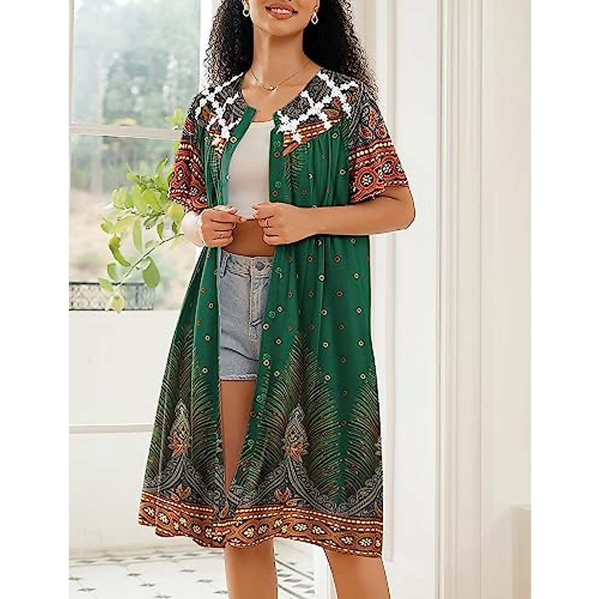 Ekouaer Women's House Dress Short Sleeve Sleepwear Mumu Lounge Wear Old Lady Nightgown Floral Print Night Dress with Pockets M