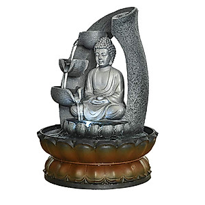 PeterIvan Buddha Fountain - 11in Buddha Tabletop Water Fountain for Home&Office Decoration, Decorative Sculpture with LED Light&Circular Water Flow for Good Luck Keeping (Grey, 11inch)