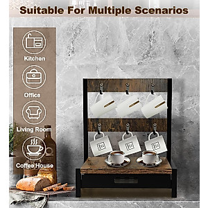 waaliji Coffee Mug Holder for Countertop, Coffee Pod Drawer Tray Station with 6 Hooks and 35 Capsules Capacity, Rustic Wood Cup Hanger Organizer for Kitchen Coffee Bar, Black