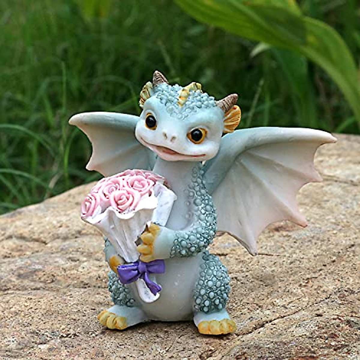 Aclema Miniature Figurines Fairy Garden Dragon Present Bouquet Resin Decor Collections for Terrarium Micro Landscape