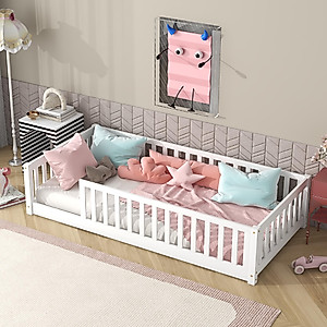 UOCFYK Toddler Twin Size Floor Bed with Fence for Kids,Solid Wood Bedframe,Easy to Assemble, No Box Spring Needed,White