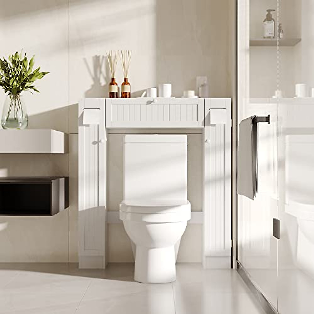 ITUSUT Over The Toilet Storage Cabinet, Freestanding Toilet Cabinet Organizer with 2 Side Doors and Pull-Down Door, Bathroom Cabinet Over Toilet with Adjustable Shelves & Paper Holder, White