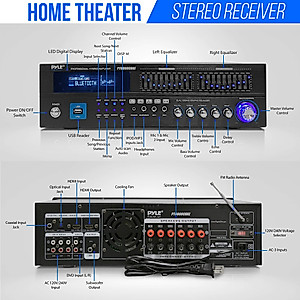 Pyle 6-Channel Bluetooth Hybrid Home Amplifier - 2000W Audio Rack Mount Stereo Power Amplifier Receiver w/ Radio, USB/AUX/RCA/MIC, HD/Optical/Coax, AC-3, DVD Inputs, Dual 10 Band EQ - PT6060CHAE