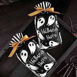 VIFOME 24 PCS Halloween Favor Bags Ghost Treat Bags Gift Bags Plastic Drawstring Bags Candy Goodies Bags Gift Wrapping Bags Halloween Party Decoration