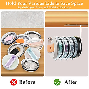 WSYLEN 2 Pack Tumbler Lid Organizer, Cup Lid Organizers Inside Cabinet for Yeti Tumbler/Stanley Tumbler Lids, Space Saving Cup Lid Holder and Hook for Kitchen Storage, Silver