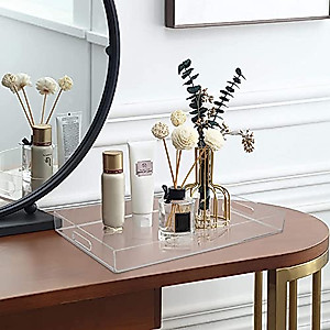 MAONAME Clear Serving Tray with Handles, Plastic Clear Tray, Rectangle Decorative Tray for Coffee Table, Ottoman, Bathroom, Vanity, 15.7" Lx 10.2" W X 1.57" H