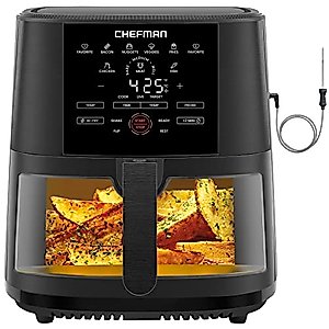 Chefman Air Fryer 8 Qt with Probe Thermometer, 8 Preset Functions, 1-Touch Digital Display Compact Cooker, Extra Large Nonstick Square Air Fryer Basket with Window, Dishwasher-Safe Parts, Black