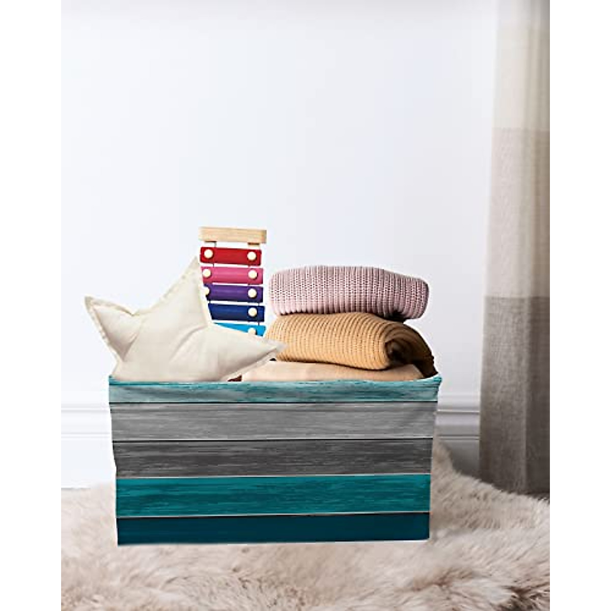 Teal Wood Board Grey Gradient Stripes Storage Bins with Handles, Barn Gray Blue Green Ombre Storage Basket for Shelves, Cube Storage Organizer Bins for Toys, Closet (1 Pack, 15" x 11" x 9.5")