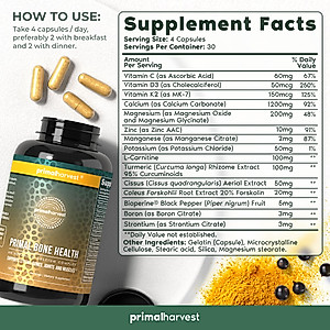 Calcium Carbonate Bone Health Complex by Primal Harvest for Men and Women with Calcium, Magnesium, Zinc, Manganese, Potassium, and L-Carnitine