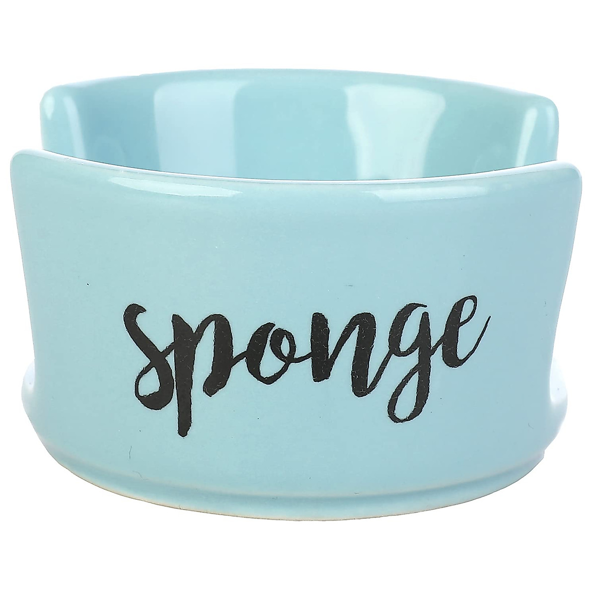 MyGift 3 Inch Small Modern Aqua Blue Glazed Ceramic Sink Sponge Dish with Black Cursive Lettering"Sponge" Label, Kitchen Dishwashing Scrubber Holder Caddy