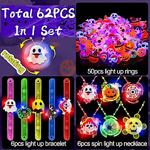 62 Pcs Halloween Party Favors for Kids Rotating Fidget Spin Light up Necklaces LED Bracelets Flash Rings Halloween Toys Glow in The Dark Halloween Party Supplies Gift Halloween Treat Goodie Bag Filler