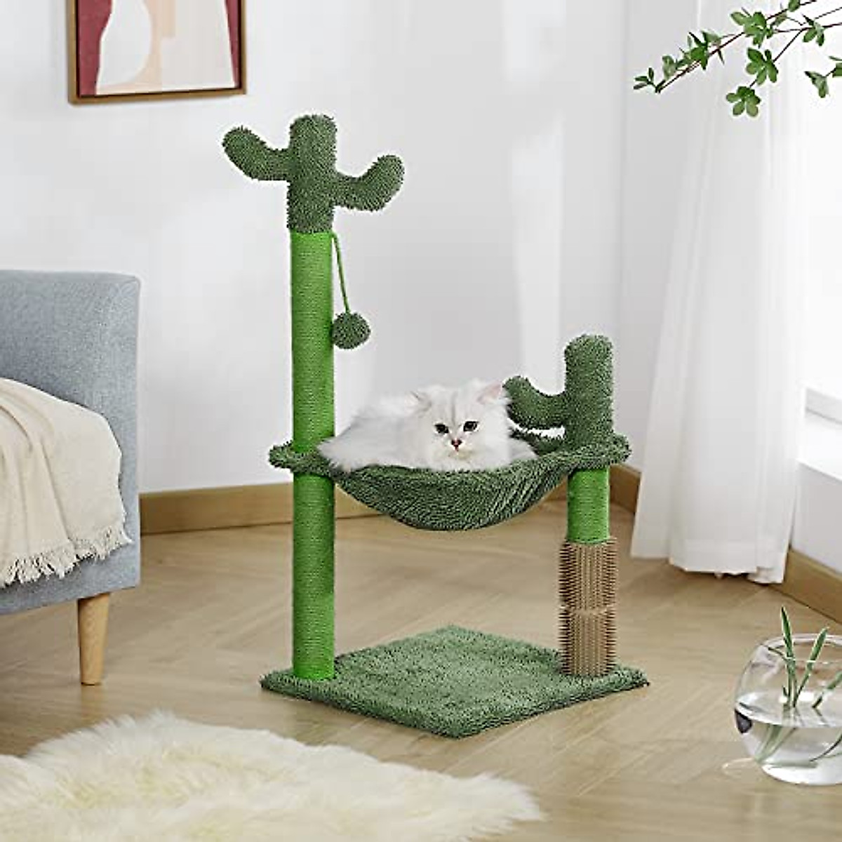 Dreamsoule Cactus Cat Tree, Large Cat Trees with Hammock 35 inch High Cat Scratching Post and Back Scratcher, Cactus Cat Scratcher with Interactive Dangling Ball, Climbing Stand for Indoor Kittens