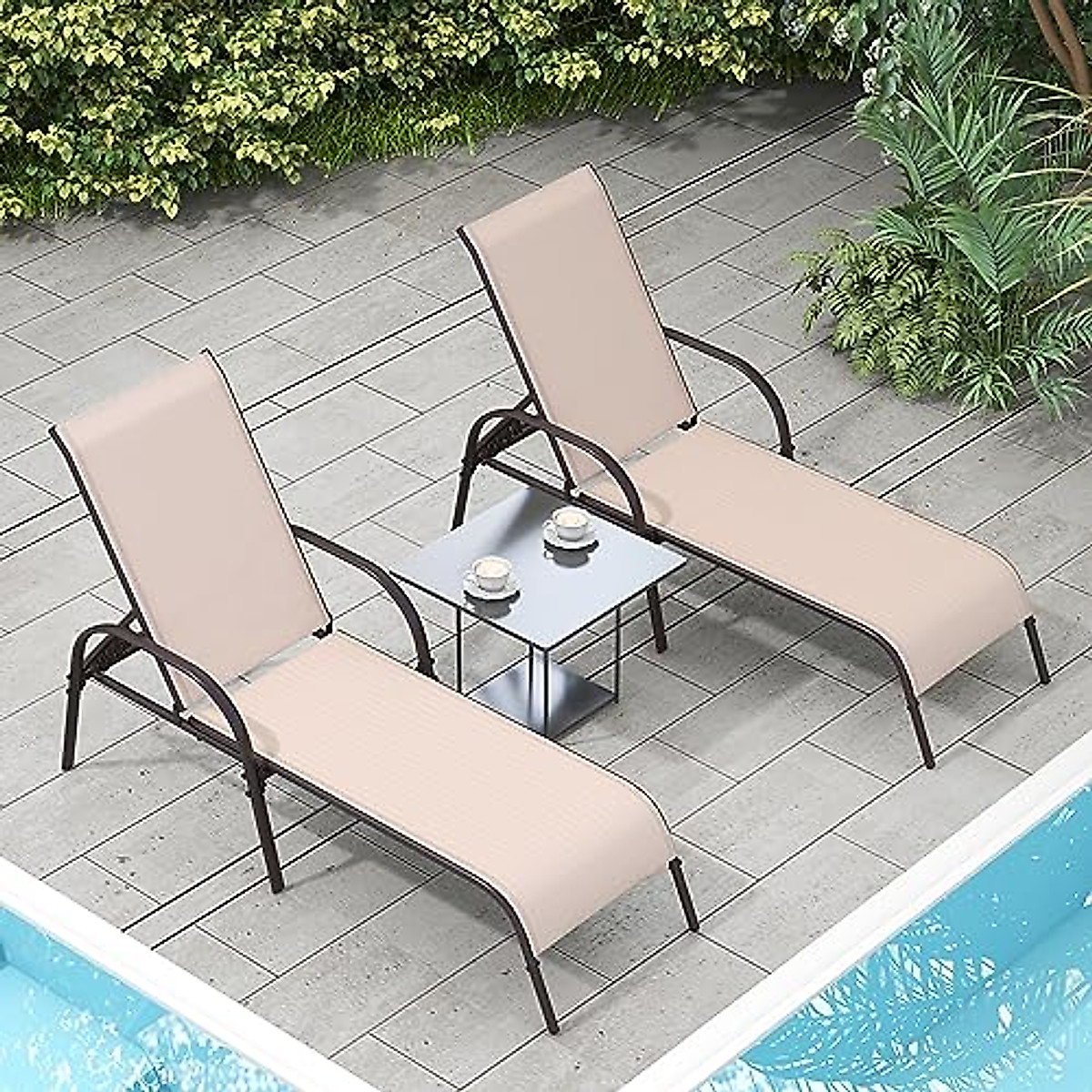 Giantex Set of 2 Adjustable Patio Chaise Lounge, Outdoor Folding Lounge Recliner Chairs w/Adjustable Backrest, Sturdy Metal Frame, Sunbathing Chair for Beach, Yard, Balcony, Poolside(Brown)