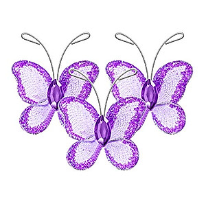WINOMO Organza Butterflies, 50Pcs Sheer Mesh Wire Glitter Wedding Decorative Butterflies Decors Craft Sheer Mesh Wire Glitter Butterfly with Gem (Purple)