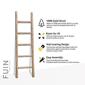 FUIN 57in Wood Blanket Ladder Living Room Decorative Wall Leaning Farmhouse Quilt Display Holder Rustic Wooden Towel Rack for Bathroom, Brown
