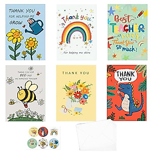 AhfuLife 6 Pcs Teacher Thank You Cards Multipack, 6 Styles Cute Teacher Appreciation Cards Graduation Gift, Including 6 Stickers and 6 Envelops for Teachers' Day, Teacher of the Year Gifts