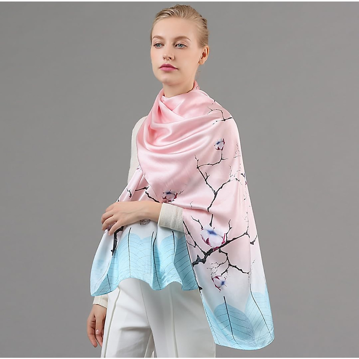 ANDANTINO 100% Mulberry Silk Long Scarf for Women Large Shawls for Headscarf and Neck- Oblong Hair Wraps with Gift Packed (Blue&Pink Branches)