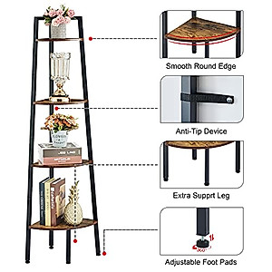 Hoctieon Corner Shelf, 4-Tier Corner Bookshelf, Rustic Corner Ladder Shelf, Industrial Display Shelf for Living Room, Kitchen, Home Office, Balcony, Small Space, Metal Frame, Rustic Brown