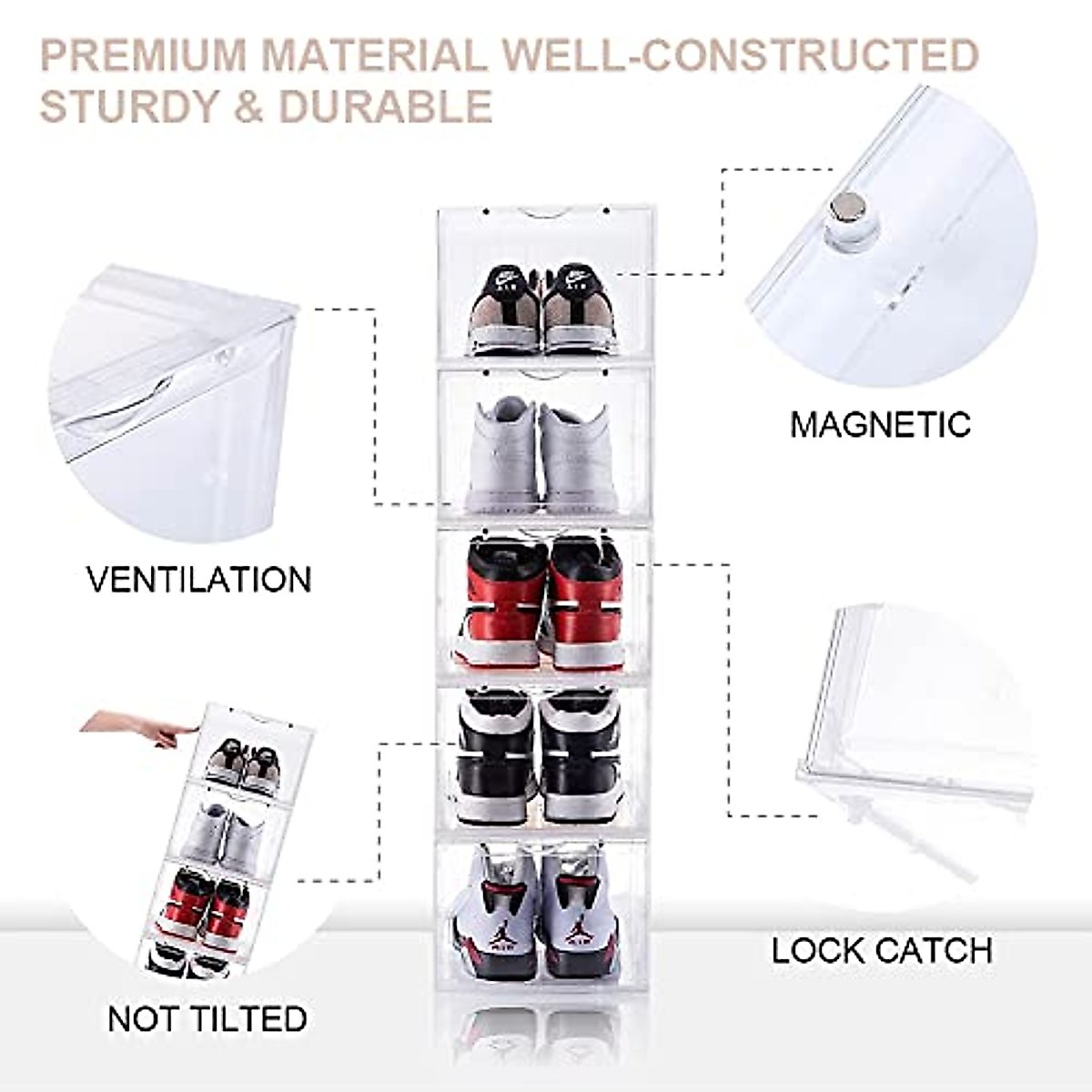 6 Pack Wanhux Shoe Box Organizer，Stackable Plastic Shoe Box With Clear Door，Transparent Shoe Box Storage，As Shoe Storage Box And Clear Shoe Box,For Display Sneakers,Easy Assembly,Fit Up To Us Size 12(13.6”x 10.6”x 6.7”)