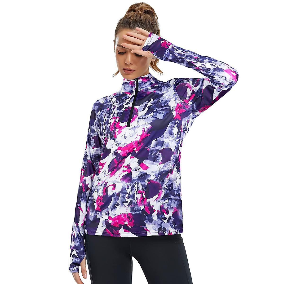 Tanst Sky SPF Shirts for Women Long Sleeve, Quarter Zip Pullover Yoga Jackets Fashion Ladies Workout Athletic Tops Running Hiking Activewear Tie Dye X-Large
