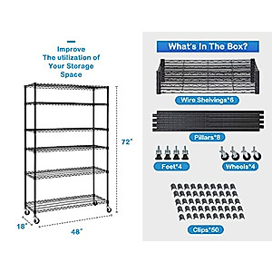 BIQWBIC 6 Tier Storage Shelves Wire Shelving Unit, 48" Lx18 Wx72 H Adjustable Heavy Duty Metal Shelving Rack with Wheels, NSF Adjustable Storage Shelf Garage Shelves-1320 Lbs Capacity, Black