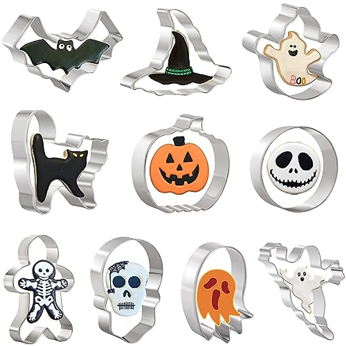 Crethinkaty 10 Pieces Halloween Cookie Cutters Set for Baking - Ghost,Bat,Cat,Gingerbread Man,Pumpkin,Skull,Round and Witch's Hat Shape Stainless Steel Holiday Biscuit/Pastry Cutter