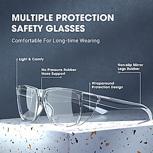WOOLIKE Safety Glasses Anti Fog Square Clear Safety Goggles Scratch Resistant with Blue Light Blocking Glasses for Women Men (Transparent black frame)