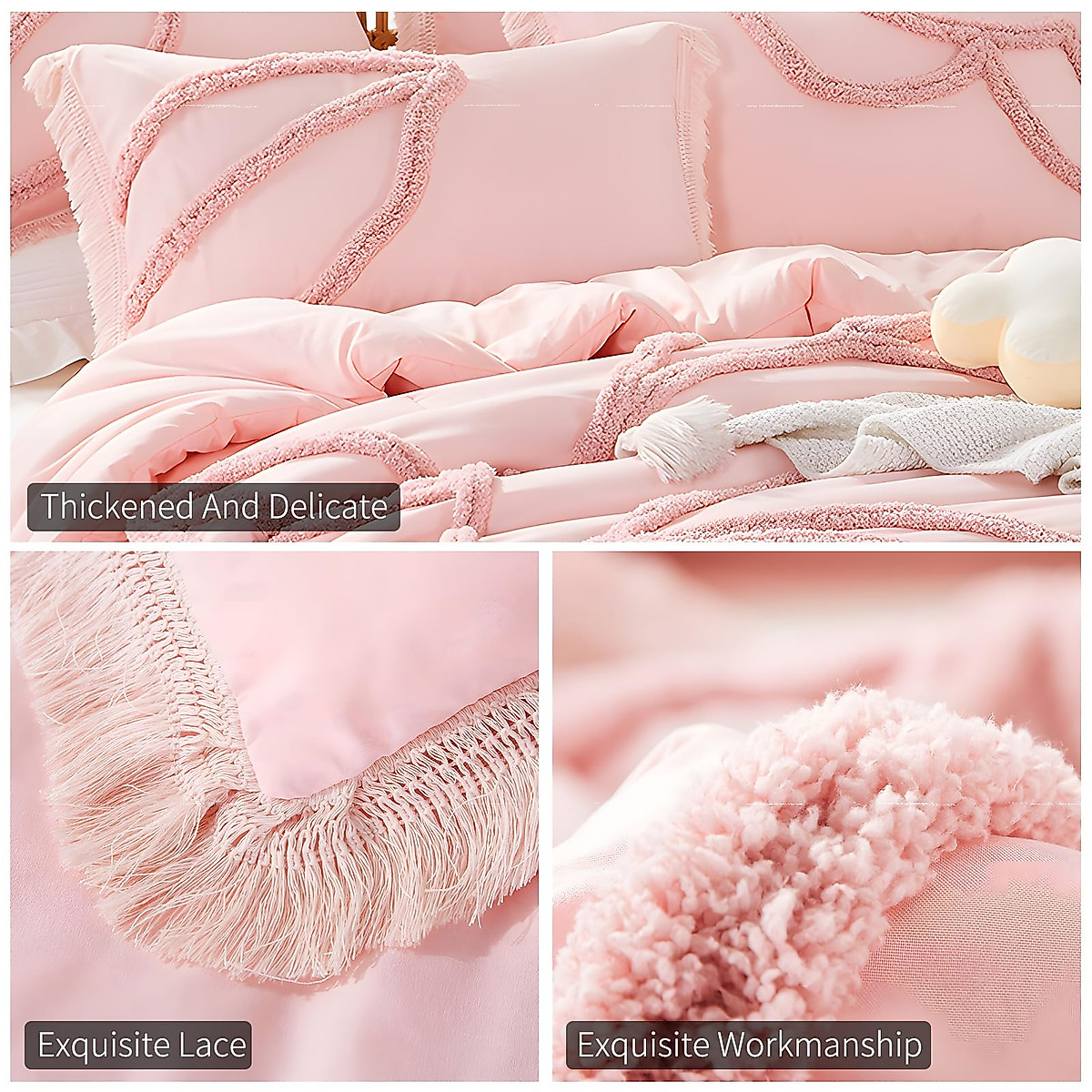 Rvciby Boho Flower Duvet Cover Queen Size Girl,Soft Microfiber Bedding Set with Tassel and Tufted Pattern,3 Pieces,1 Duvet Cover with Zipper Closure &Corner Ties and 2 Pillow Shams,90X90 Inches (Pink)