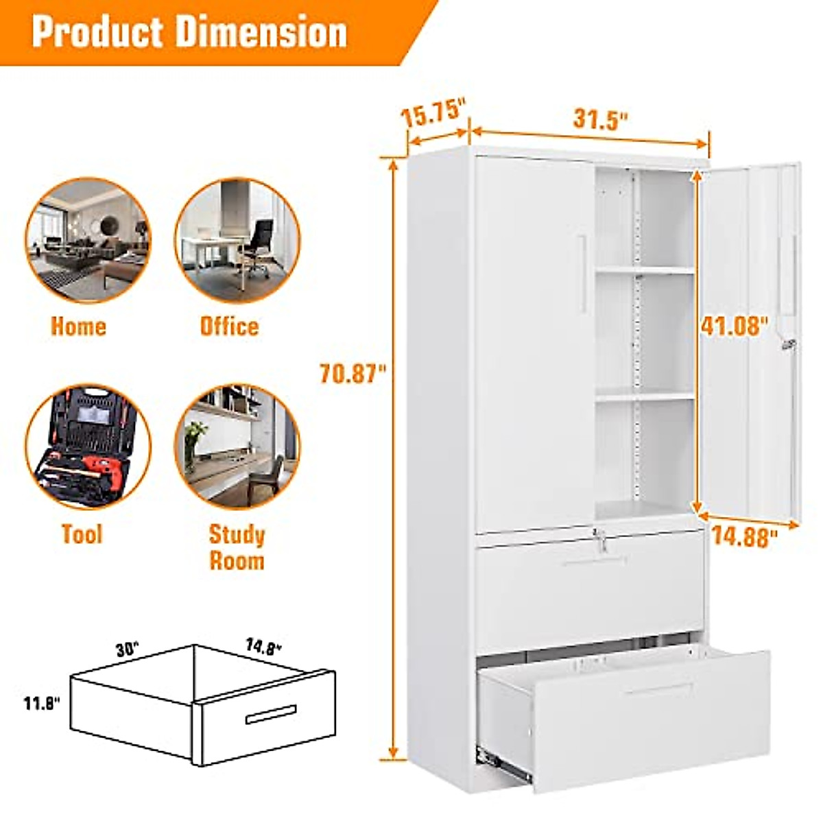 ZAOUS File Cabinet 2 Drawer, Metal File Cabinet with Lock, Lateral Filing Cabinet with Doors & Adjustable Shelves for Home Office, Living Room, Pantry, Gym, Basement, Warehouse, White