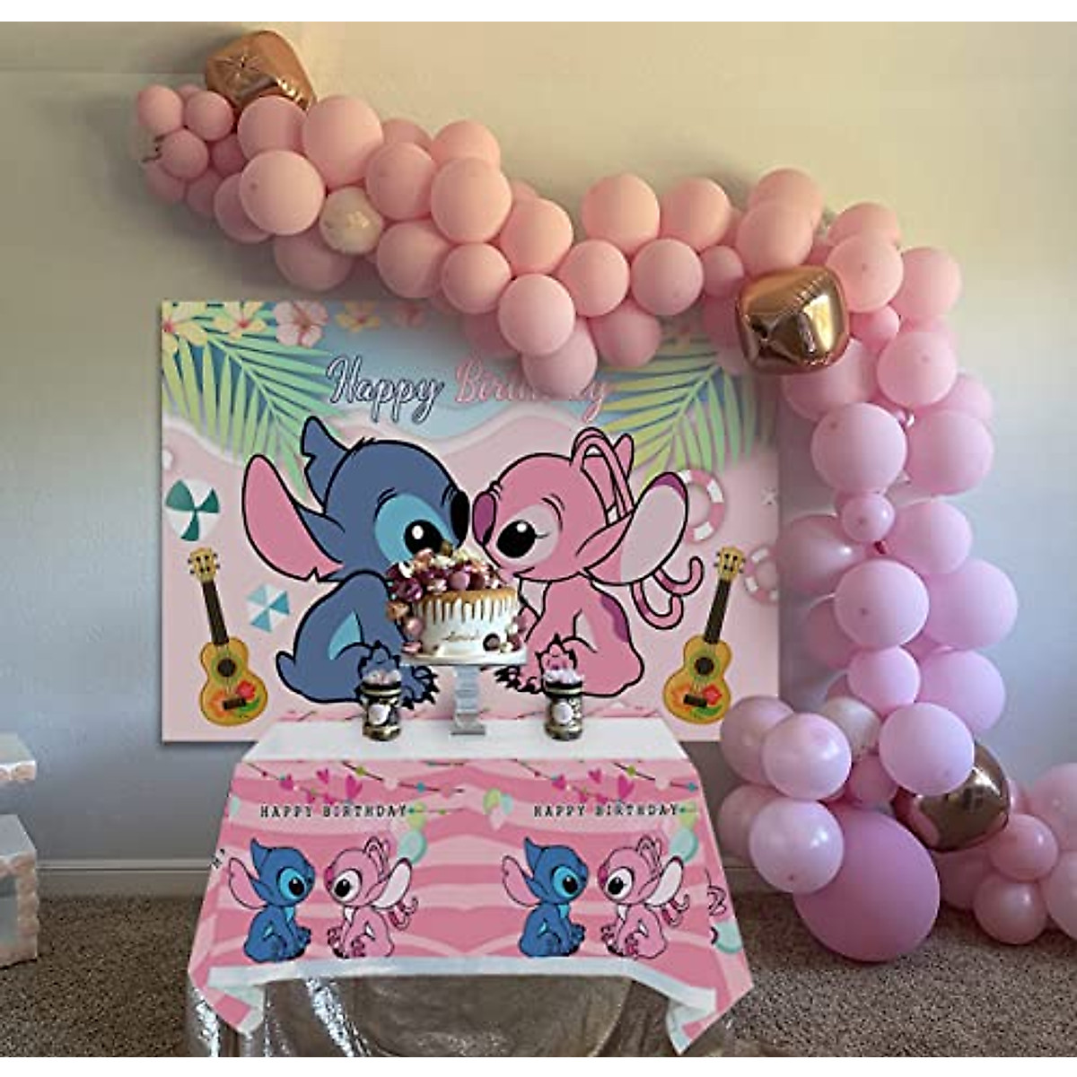 Pink Cartoon Themed Backdrop with Tablecloth 70x42in for Girls Family Birthday Party Decorations Supplies 7x5ft, One Size