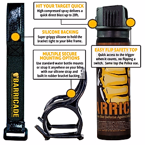Barricade Pepper Spray for Cyclists - Bicycle Mount - Attaches to Water Bottle Cage & Multiple Other Bike Mounted Locations - 4 Ounce Can of Police Grade Pepper Spray