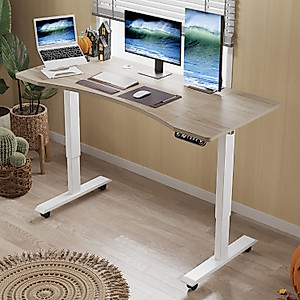 BUNOEM Height Adjustable Electric Standing Desk, 55x30 Height Stand Up Computer Desk,Sit and Stand Home Office Desk with Splice Board (Oak Top & White Frame)