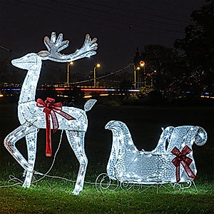 Hourleey Lighted Christmas Decorations Outdoor, Pre-Lit 3D Santa Sleigh Reindeer with 100 LED Cool White Light, Plug in Waterproof Christmas Deer Decorations for Outdoor Yard Lawn Garden Party