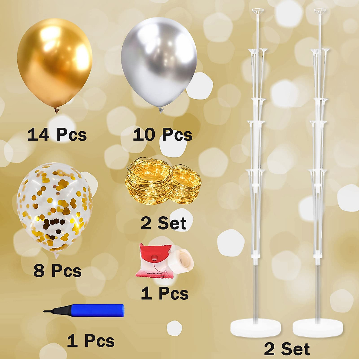 Cicicooie Balloon Stand Kit for Floor with String Light 2 Set Gold and Silver Centerpieces Balloon Holder Decoration for Wedding Adult Birthday Party Bachelorette Party Graduation