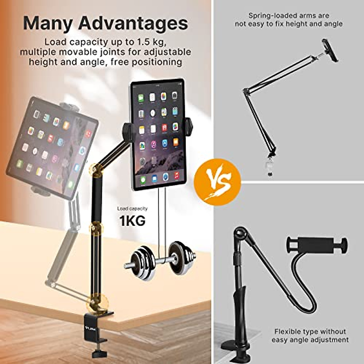 VIJIM iPad Tablet Holder for Bed or Desk, Black Metal Adjustable iPad Arm Mount Stand, Overhead Compatible for iPad Air Pro Mini, Surface Pro Stand, iPhone, Android Tablet