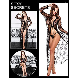 Women Robe Bathrobe Long Sleepwear Lace Night Gown Floral Pajamas Nightgown Dress with Sleeve,4_black Beach Bikini Cover Up,Medium