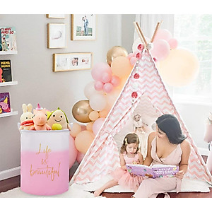 PFONB Pink Girls Laundry Hamper,19.7" X-Large Laundry Basket collapsible Waterproof Sturdy Thicken Canvas Kids Nursery Baby Clothes Basket (Life Pink)