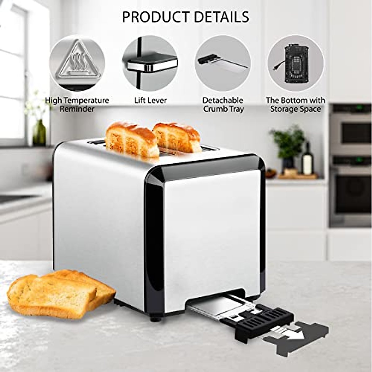 Toaster 2 Slice Stainless Steel Digital Toaster with Countdown Timer, Easy to Use, 800W, 6 Toast Settings, Reheat, Defrost, Cancel Functions, Removable Crumb Tray, Extra Wide Slots Bread Toaster