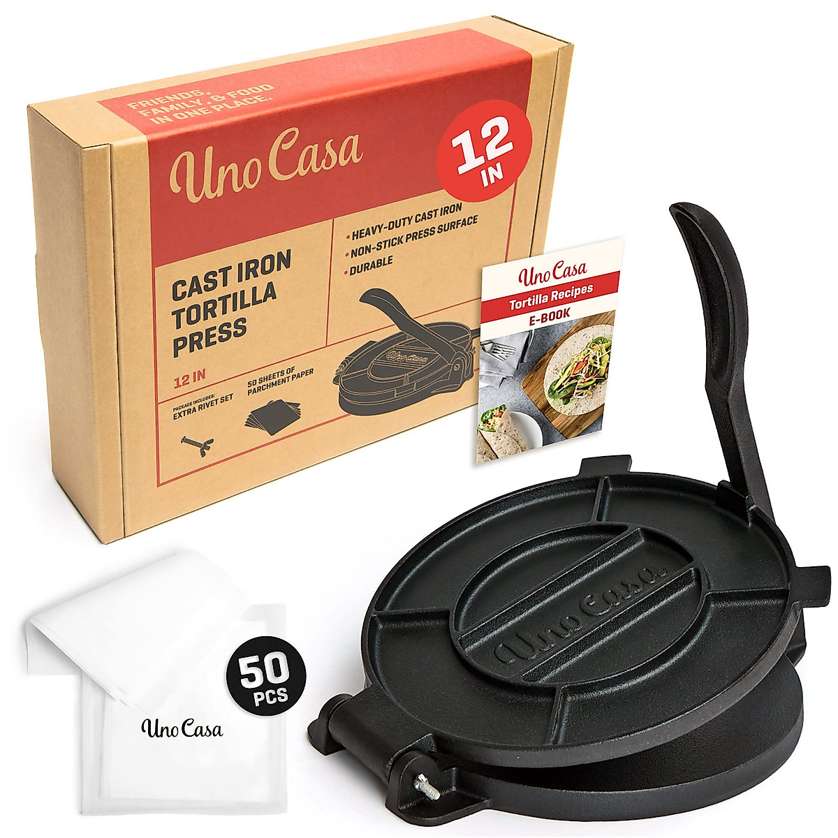 Uno Casa Tortilla Press 12 Inch Cast Iron - Heavy Duty 12 Inch Tortilla Press. Large Tortilla Press with 50 Parchment Papers - Tortilleras Mexicanas Para Hacer Tortillas