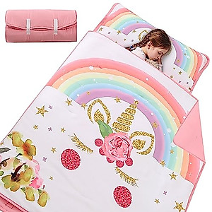 Wowelife Toddler Sleeping Bag Unicorn Toddler Nap Mat with Removable Pillow for Boys Girls Daycare Preschool Kindergarten,Carry Handle with Straps Closure, 50 * 20 Inch(Pink)