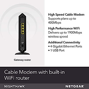 NETGEAR Nighthawk AC1900 (24x8) DOCSIS 3.0 WiFi Cable Modem Router Combo (C7000) for Xfinity from Comcast, Spectrum, Cox, more (Renewed)
