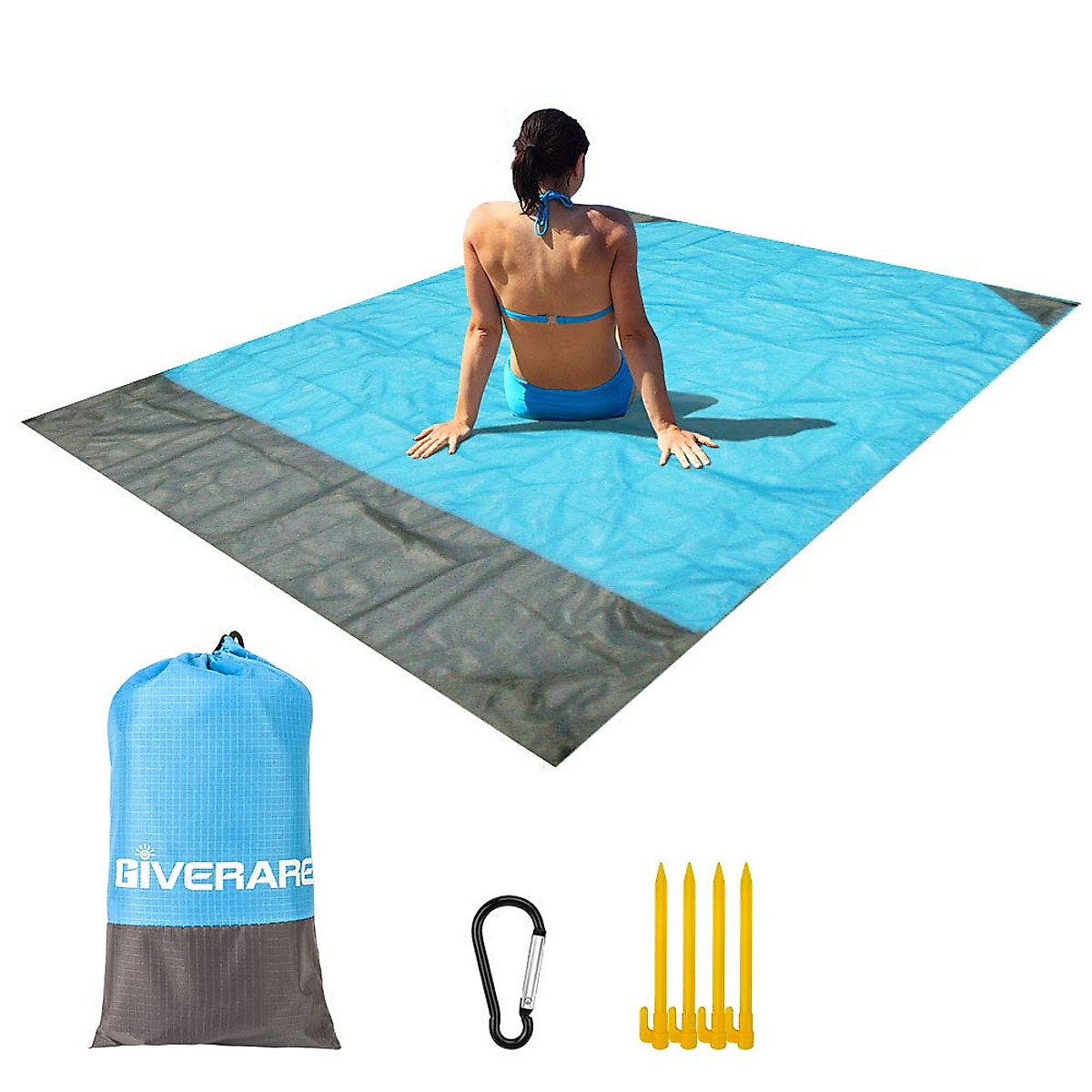 GIVERARE Sandfree Beach Blanket, Waterproof Picnic Blanket, Quick Drying Indoor&Outdoor Family Mat with 4 Stakes&4 Corner Pockets for Travel, Camping, Hiking, Music Festival