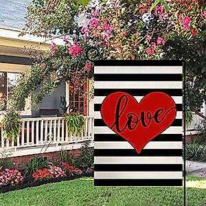 Valentine's Day Love Spring Garden Flag Vertical Double Sided Red Stripe Burlap Yard Outdoor Decor 12.5 x 18 Inches