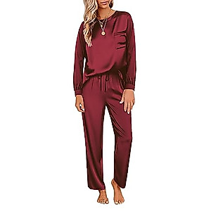 Ekouaer Pajamas for Women Set Satin Pajama Set Silk Loose Sleepwear Long Sleeve Silky Loungewear Set Red Pj Set Red XL
