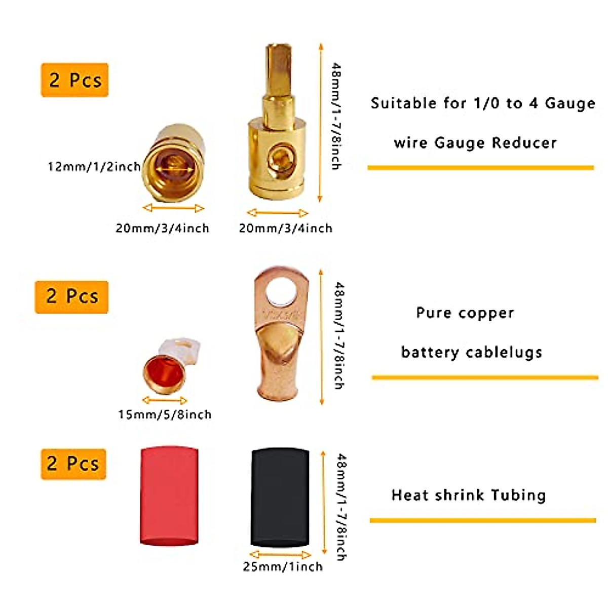 2Pairs of Car Audio 1/0 Gauge to 4 Gauge Amp Input Reducers (Gold), with AWG 1/0-3/8 inch Battery Terminal Connector and Heat Shrink tubing