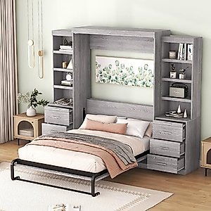 DEYOBED Multifunctional Full Size Murphy Bed with Storage Shelves and Drawers, Solid Wood Platform Wall Bed Cabinet for Guest Room Home Office, Ideal for Small Spaces, Gray