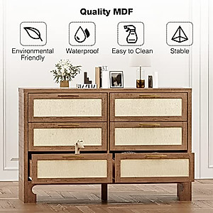 IDEALHOUSE Dresser for Bedroom with 6 Drawers, Burlap Design Wood Drawer Dresser Chest of Drawers for Closet, Living Room, Hallway, Nursery, Kids Bedroom, Caramel