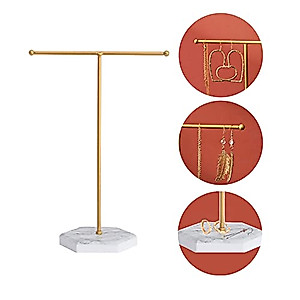 Jewelry Stand Display Necklace Holder T-Bar Plated Metal Tabletop Jewelry Organizer Tower for Show Jewelry Hanging Pendant Earring Bracelet Ring Accessorie with White Marble Plywood Bases.